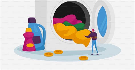 공공 세탁소에 있는 작은 남녀 캐릭터들이 더러운 옷과 세제 가루를 거대한 세탁실이나 세탁기에 싣고 있다 빨래방 청소 서비스