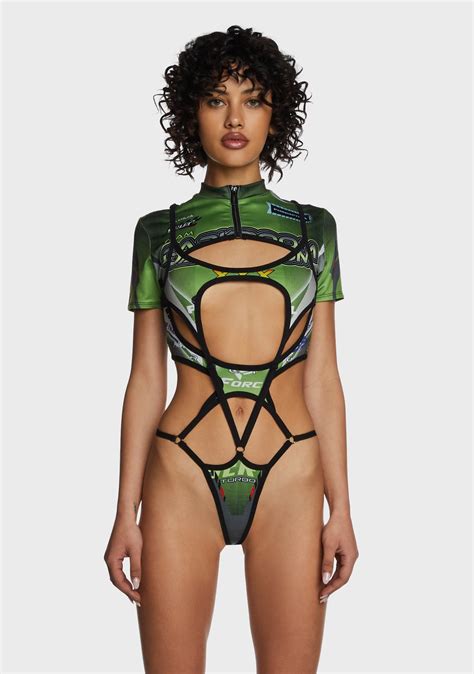 Namilia Layered Strappy Cut Out Bodysuit Green Dolls Kill