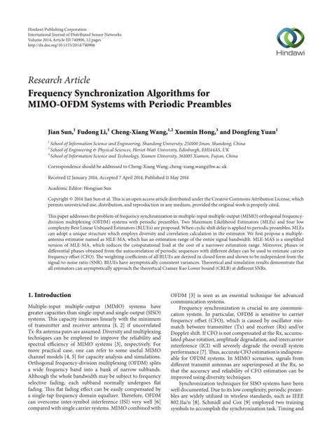 PDF Frequency Synchronization Algorithms For MIMO OFDM Systems With Periodic Preambles