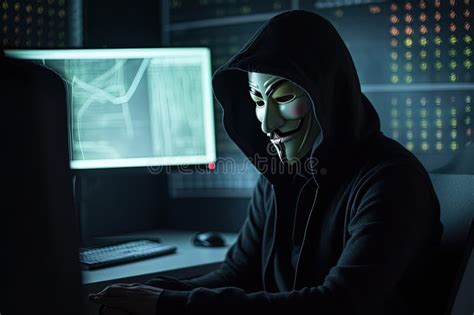 Scammer In Front Of A Computer In Anonymous Mask Hacker Generative Ai