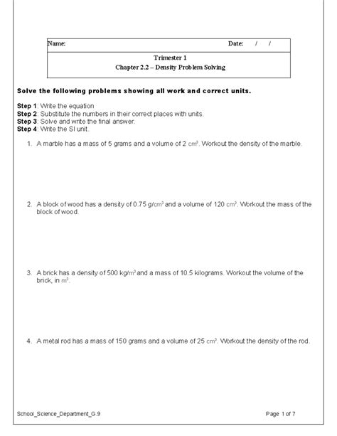 Density Problem Solving Solve The Following Problems Showing All Work