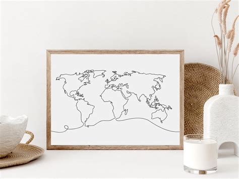 Minimalist World Map Line Art Print Travel Home Decor Digital