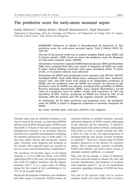 Pdf The Predictive Score For Early Onset Neonatal Sepsis