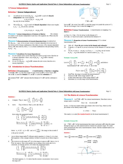Math 2111 Tutorial Notes 4 Linear Independence And Linear Transformation Pdf Linear Map