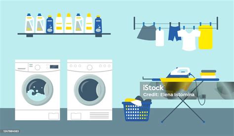 세탁 서비스 룸 벡터 그림입니다 선반에 클렌더 다림질 보드에 다리미와 깨끗한 옷으로 세척 및 건조 기계 빨래에 대한 스톡 벡터 아트 및 기타 이미지 Istock