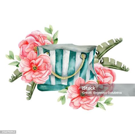 여름 여행 분홍색 꽃 야자수 잎 수채화 그림 줄무늬가 있는 복고풍 비치 백 파스텔 모란 빈티지 가방 로고 문구 장식과 낭만적 인 구성 살롱 포스터 카드 계절에 대한 스톡