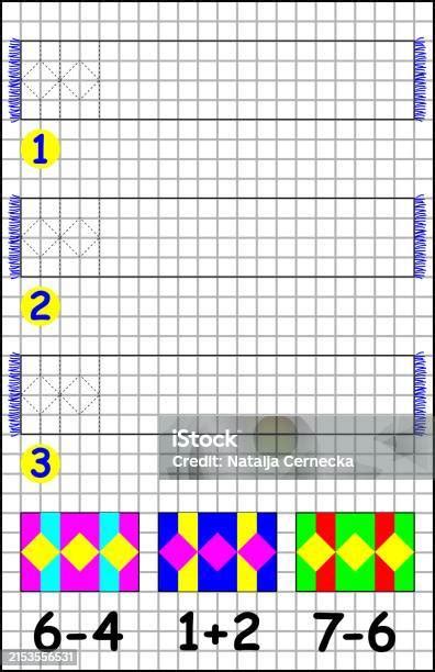 정사각형 종이에 어린이를 위한 연습 문제가 있는 교육 페이지입니다 모든 스카프에 해당하는 장식품을 그려야 합니다 숫자 세기와