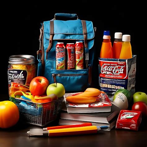 A Blue Backpack Sits Next To A Carton Of Fruit And Vegetables Premium