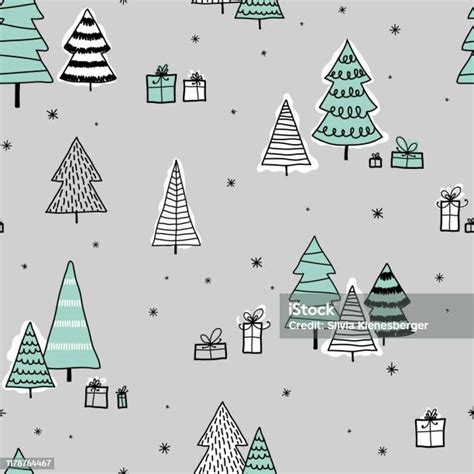 아름답고 귀여운 크리스마스 트리 원활한 패턴 손으로 그린 장식 나무 직물 배너 배경 화면 카드에 대한 좋은 벡터 표면 디자인 겨울에 대한 스톡 벡터 아트 및 기타 이미지
