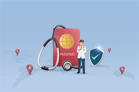 여행 및 의료 보험에 대한 글로벌 종합 보장 여권 청진기 및 방패 경비원이 세계지도에 있습니다 벡터 가리기에 대한 스톡 벡터 아트 및 기타 이미지 Istock