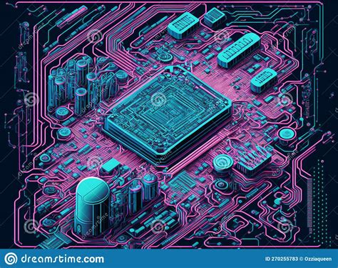 Circuit Board Background Blue And Pink Colors Microprocessor Close Up Stock Illustration