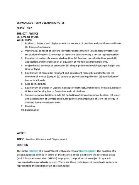 Ss2 Emmanuels Term Physics E Notes Pdf Cartesian Coordinate System Buoyancy