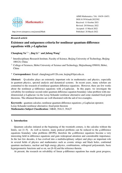 Pdf Existence And Uniqueness Criteria For Nonlinear Quantum Difference Equations With P