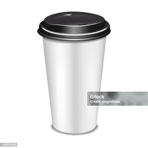 검은 플라스틱 뚜껑이있는 흰색 빈 종이 테이크 아웃 커피 컵 현실적인 벡터 모형 3차원 형태에 대한 스톡 벡터 아트 및 기타