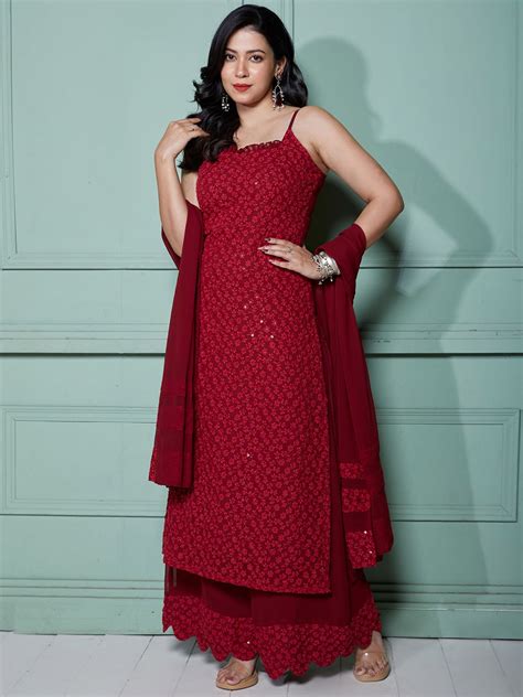 Buy NUD Women Floral Embroidered Regular Sequinned Kurta With Palazzos With Dupatta Kurta