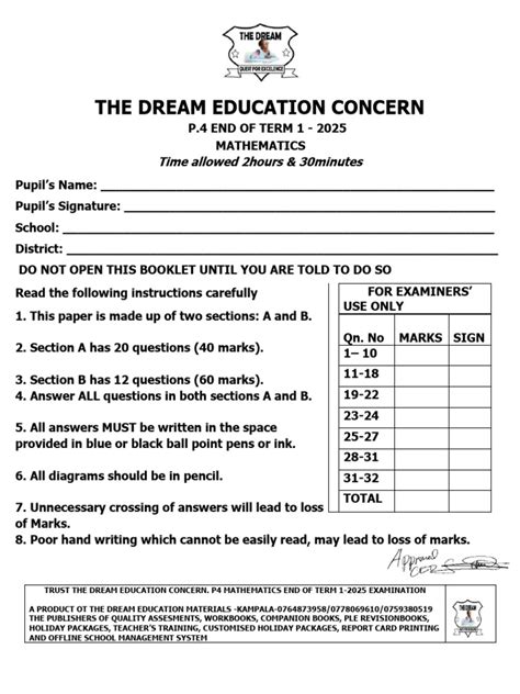 The Dream Math P 4 End Of Term 1 2025 Pdf Mathematics