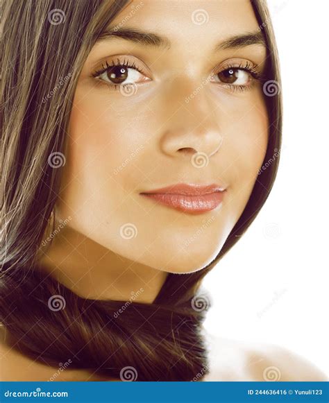 Young Fresh Brunette Tan Girl With Beauty Hairstyle Isolated On White