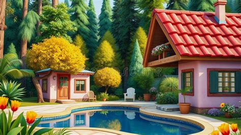 Close Up Colorful Cartoon Nice Small House Stock Illustration Illustration Of Park Courtyard