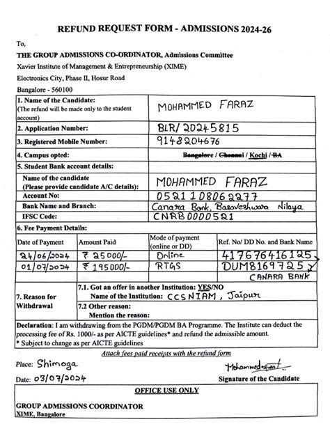 Xime Refund Form Pdf