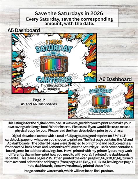 Saturday Morning Cartoons Savings Challenge Book Save The Saturdays Lower Higher Budget Etsy