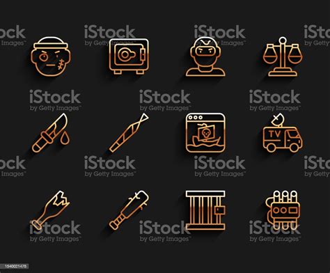 깨진 병을 무기로 설정하고 못이 달린 야구 방망이 산적 감옥 창 다이너마이트 타이머 시계 마리화나 조인트 Tv 뉴스 자동차 및 인터넷 불법 복제 아이콘을 설정합니다 벡터
