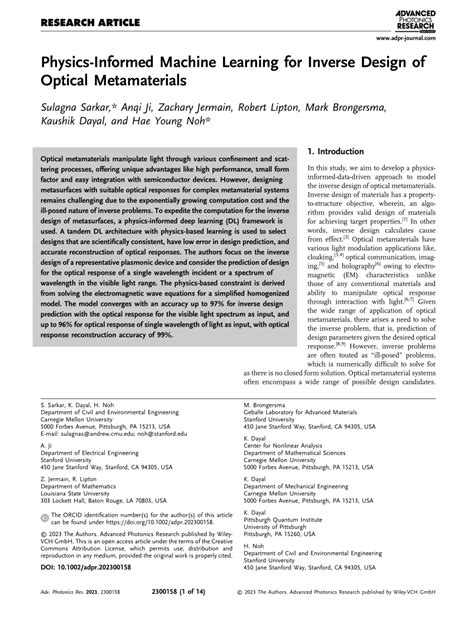 Pdf Physics‐informed Machine Learning For Inverse Design Of Optical Metamaterials