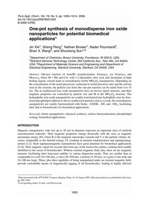 Pdf One Pot Synthesis Of Monodisperse Iron Oxide
