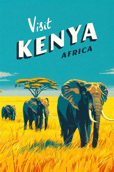 Kenya Africa Elephant Travel Poster Vintage Safari Art Digital Download Etsy Travel