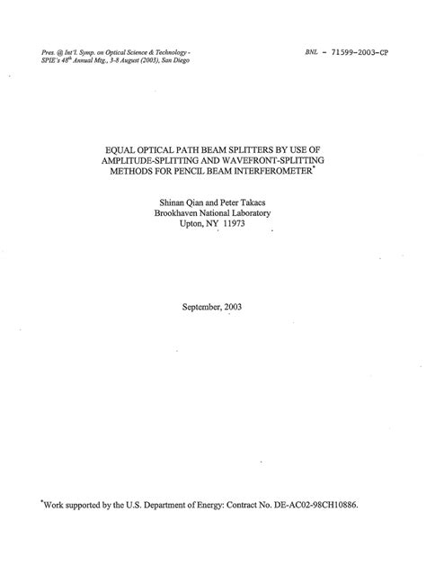 PDF Equal Optical Path Beam Splitters By Use Of Amplitude Splitting And Wavefront Splitting