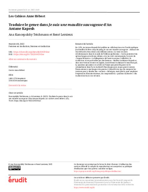 Pdf Traduire Le Genre Dans Je Suis Une Maudite Sauvagesse Dan Antane