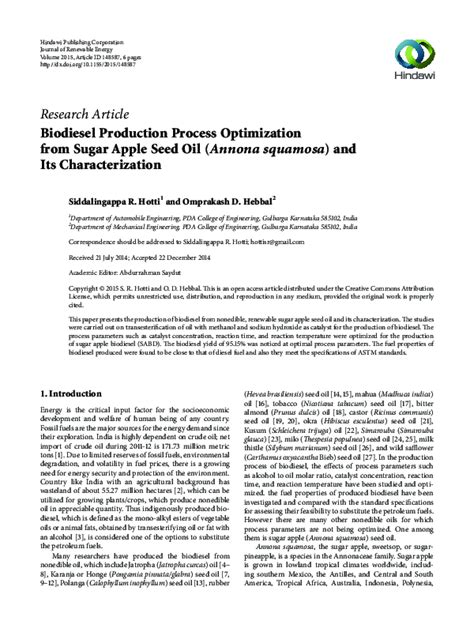 Pdf Biodiesel Production Process Optimization From Sugar Apple Seed