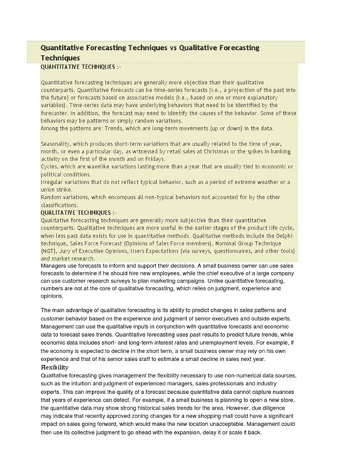 Quantitative Forecasting Techniques Vs Qualitative Forecasting Techniques Pdf Forecasting