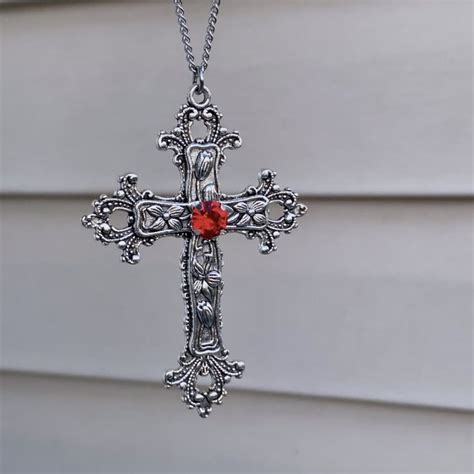 Gothic Cross Necklace Silver Big Cross Pendant Vintage Grunge Jewelry