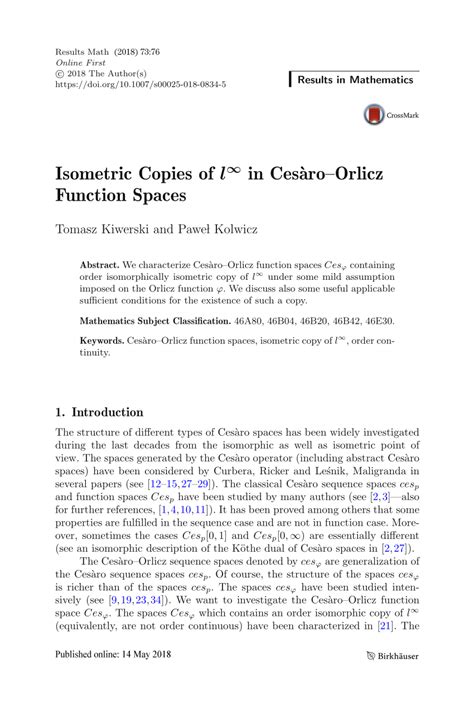 Pdf Isometric Copies Of Varvec{l Infty } In Cesàro Orlicz Function Spaces