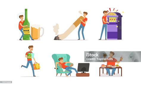 알코올 흡연 및 도박 벡터 세트에 중독 된 남자와 나쁜 습관 가공의 인물에 대한 스톡 벡터 아트 및 기타 이미지 가공의 인물 남자 독일 Istock