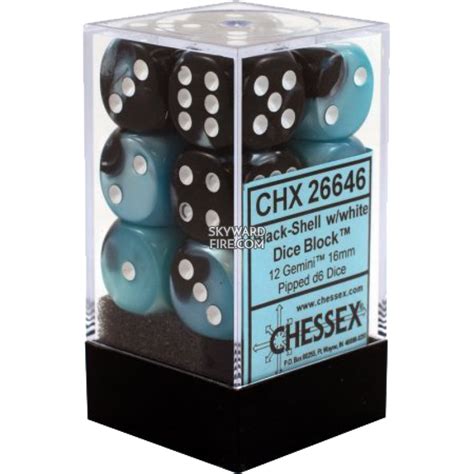 Chessex Dice 16mm D6 Dice Block Gemini Blackshell White 12 Dice