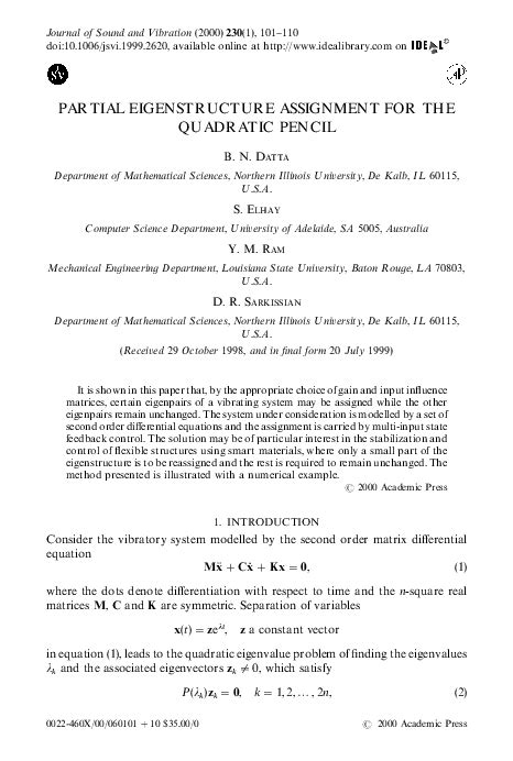 Pdf Partial Eigenstructure Assignment For The Quadratic Pencil S