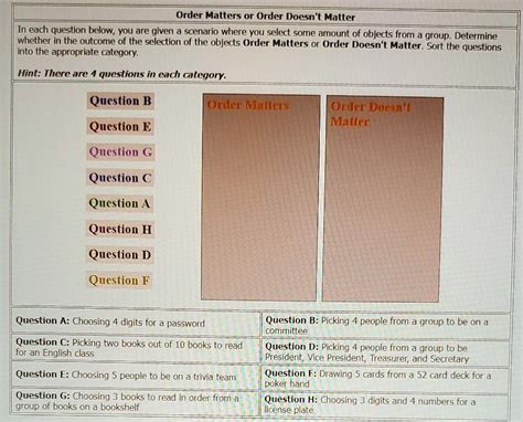 Solved Order Matters Or Order Doesnt Matter In Each Question Below