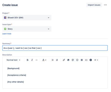 issue template for jira summary and description templates