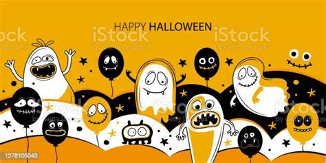 행복한 할로윈을위한 수평 배너 템플릿 소름 끼치는 얼굴 턱 치아 및 입을 벌리고있는 풍선 만화 캐릭터 유령 괴물 잭 스켈링턴 텍스트에 대 한 배치 축제 벡터 일러스트레이션