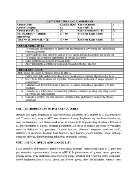 Data Structure And Algorithms Syllabus Theory And Lab Pdf