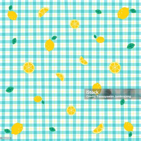 귀여운 장식품 요소 레몬 파스텔 블루 깅엄 패턴 편집 스트로크 만화 일러스트레이션 매트 직물 직물 스카프 포장지 0명에 대한 스톡 벡터 아트 및 기타 이미지 Istock