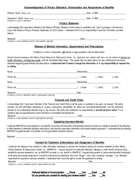 Fillable Online Acknowledgement Of Privacy Statement Authorization And