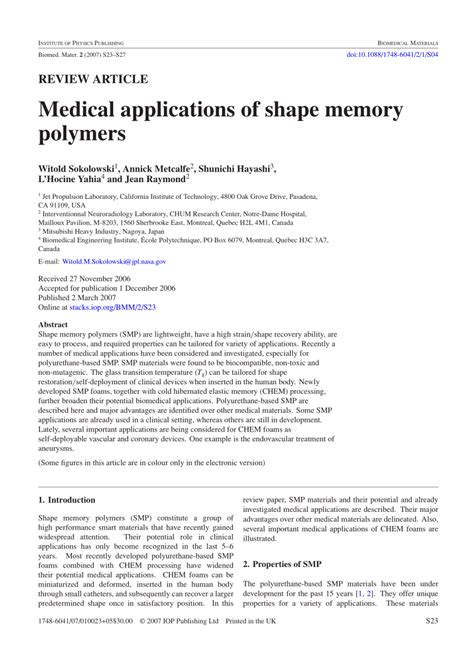 Pdf Medical Applications Of Shape Memory Polymers