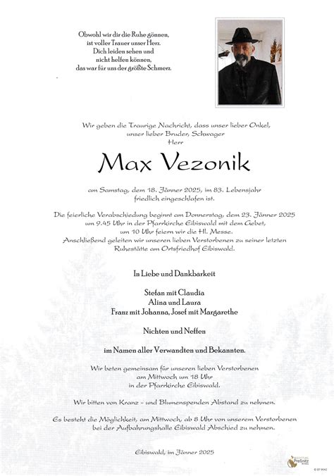 Max Vezonik Bestattung Preßnitz