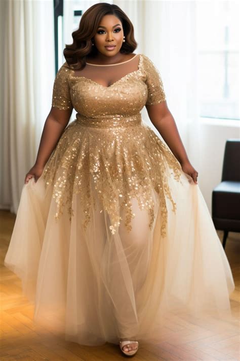 Xpluswear Design Plus Size Evening Gowns Gold Round Neck Short Sleeve