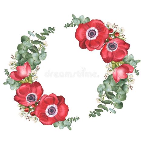 Wreath Of Red Anemones Eucalyptus Hypericum And Chamelacium