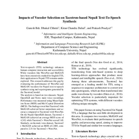 Impacts Of Vocoder Selection On Tacotron Based Nepali Text To Speech Synthesis ACL Anthology