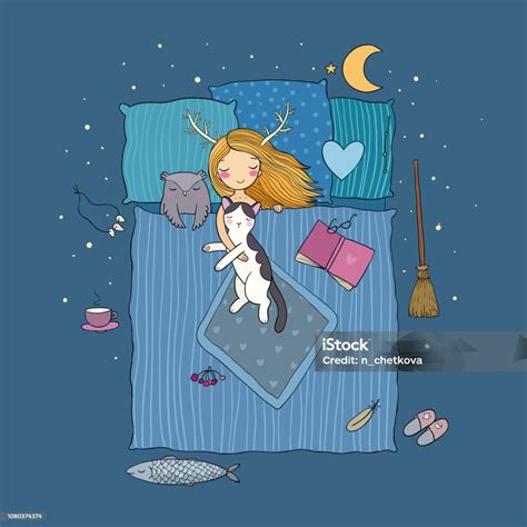 잠자는 소녀와 고양이입니다 안녕히 주무세요 좋은 꿈꾸세요 베개와 담요와 편안한 침대입니다 작은 마녀 그리고 올빼미 즐거운 할로윈 보내세요 귀여운에 대한 스톡 벡터 아트 및