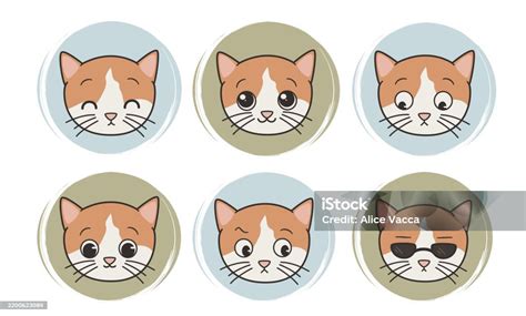 로고 디자인 템플릿 아이콘 및 배지의 귀여운 손으로 그린 벡터 세트는 소셜 미디어에 대 한 재미 있는 고양이 표정으로 커버를 강조 표시합니다 가축에 대한 스톡 벡터 아트 및